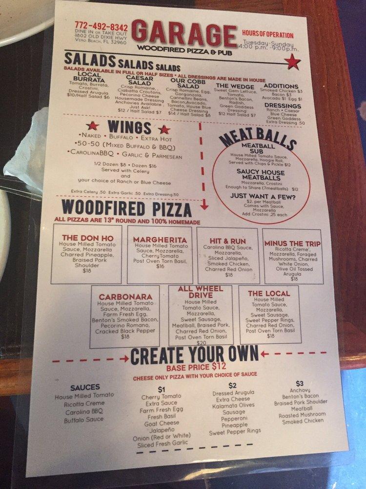Menu at Garage wood fired pizza pizzeria, Vero Beach