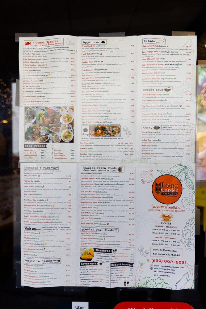 Menu at Isarn Garden Thai Cuisine restaurant, San Carlos