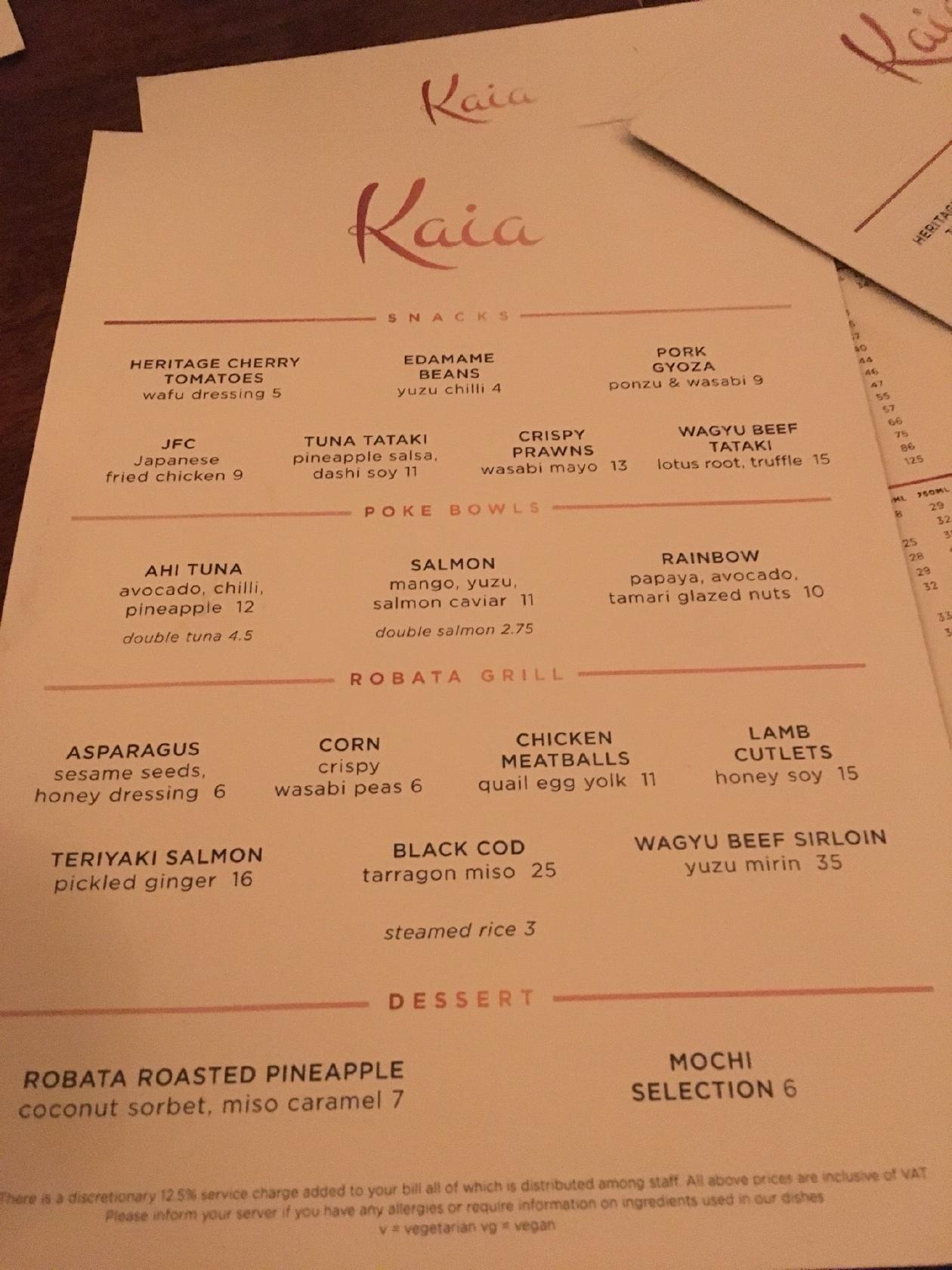 Menu at Kaia pub & bar, London