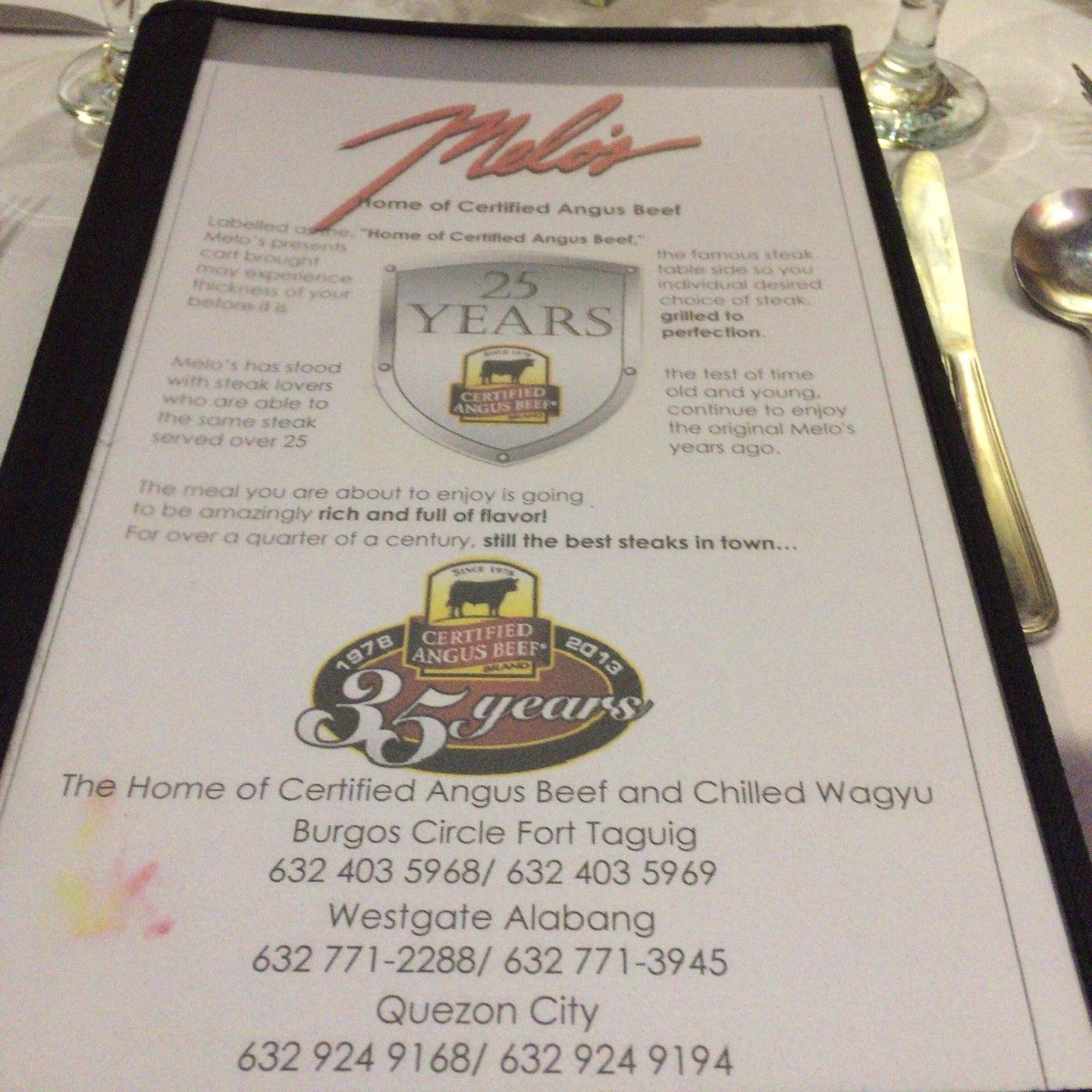 Menu at Melo's Steak House steakhouse, Taguig, H22V+VQW