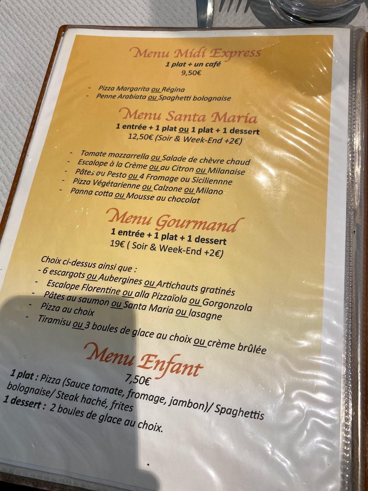 Menu at Pizzeria Santa Maria, Malakoff