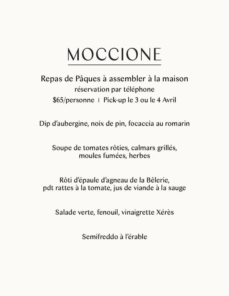 Menu au Restaurant Moccione, Montréal