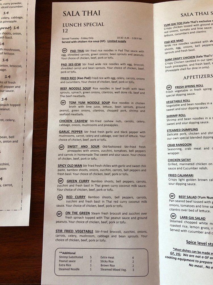Menu at Sala Thai Restaurant, Airway Heights