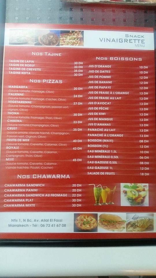 Menu at Snack Vinaigrette restaurant, Marrakesh
