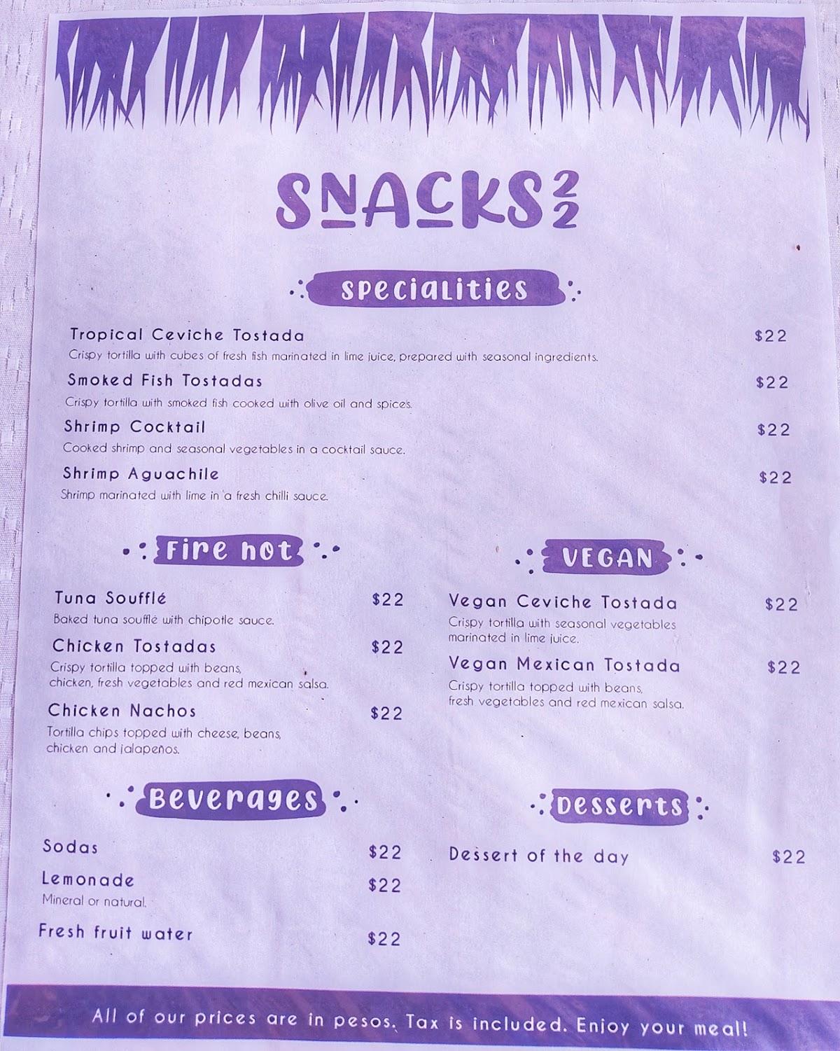 Menu at Snacks 22 restaurant, Loreto