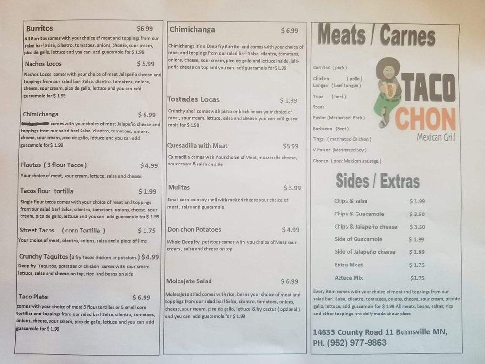 Menu at Taco Chon Mexican Grill restaurant, Burnsville