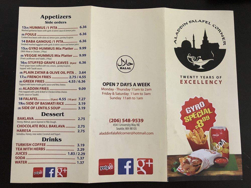 Menu at Aladdin Falafel Corner restaurant, Seattle