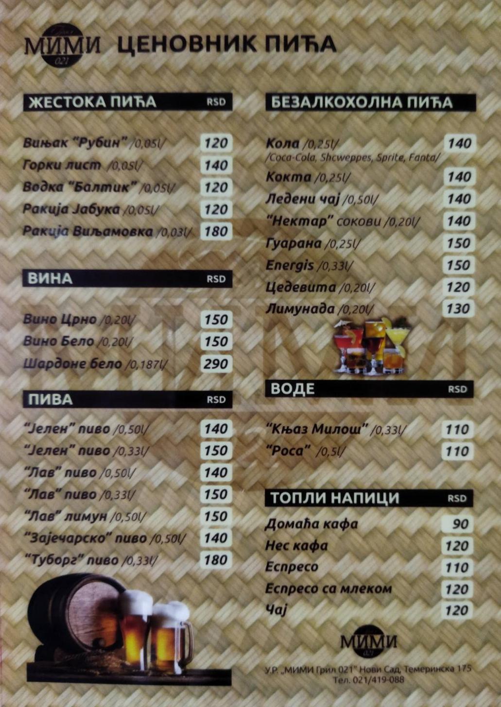 Speisekarte von Gril Mimi 021 pub & Bar, Novi Sad