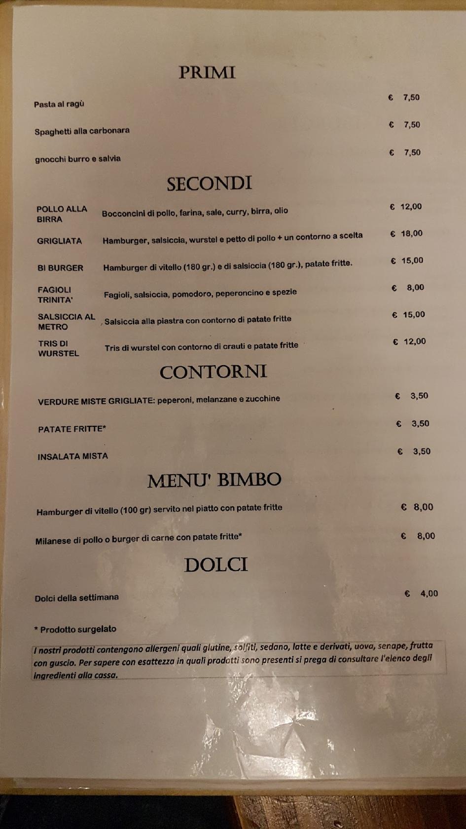 Menu da Il Barone Rampante, Venaria Reale