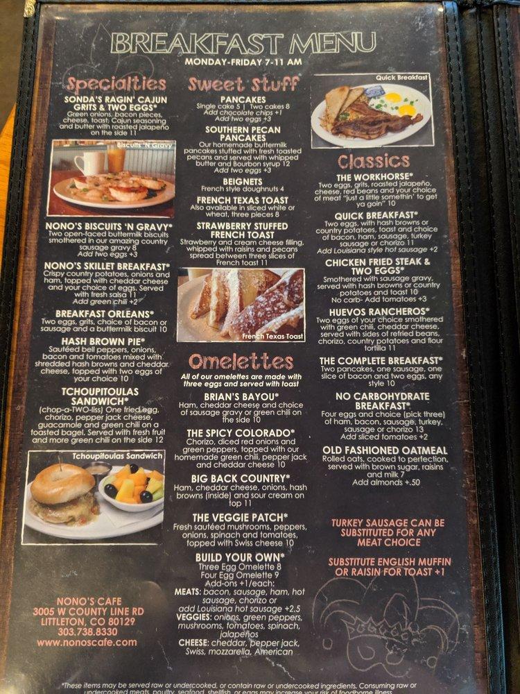 Menu at NoNo's Cafe, Littleton, W County Line Rd