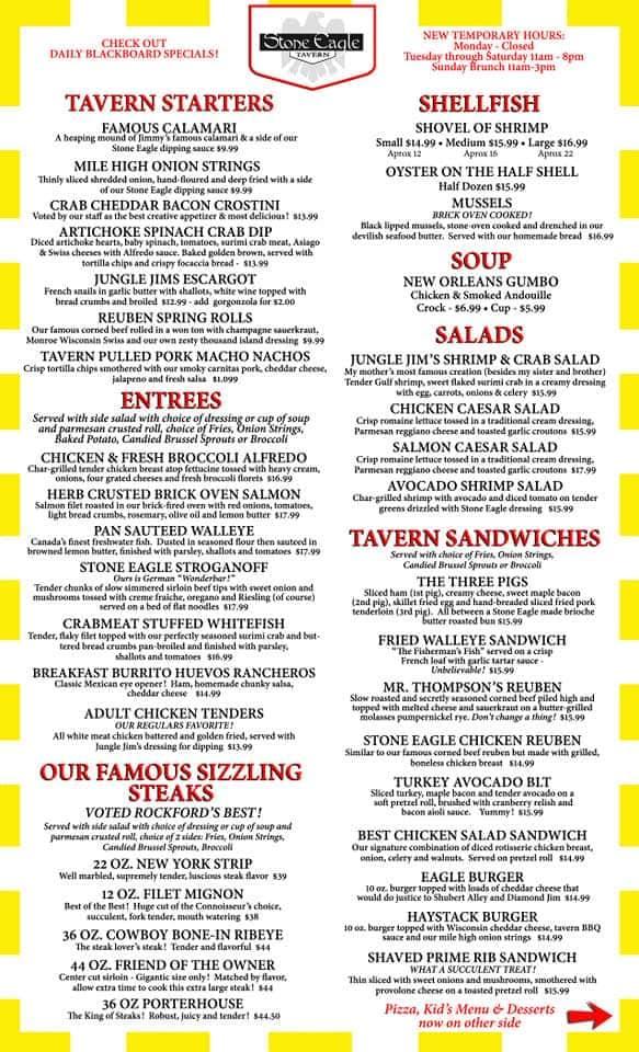 Menu at Stone Eagle Tavern pizzeria, Rockford