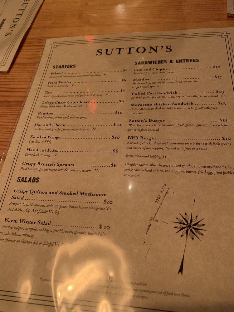Menu at Sutton's Bar, Philadelphia