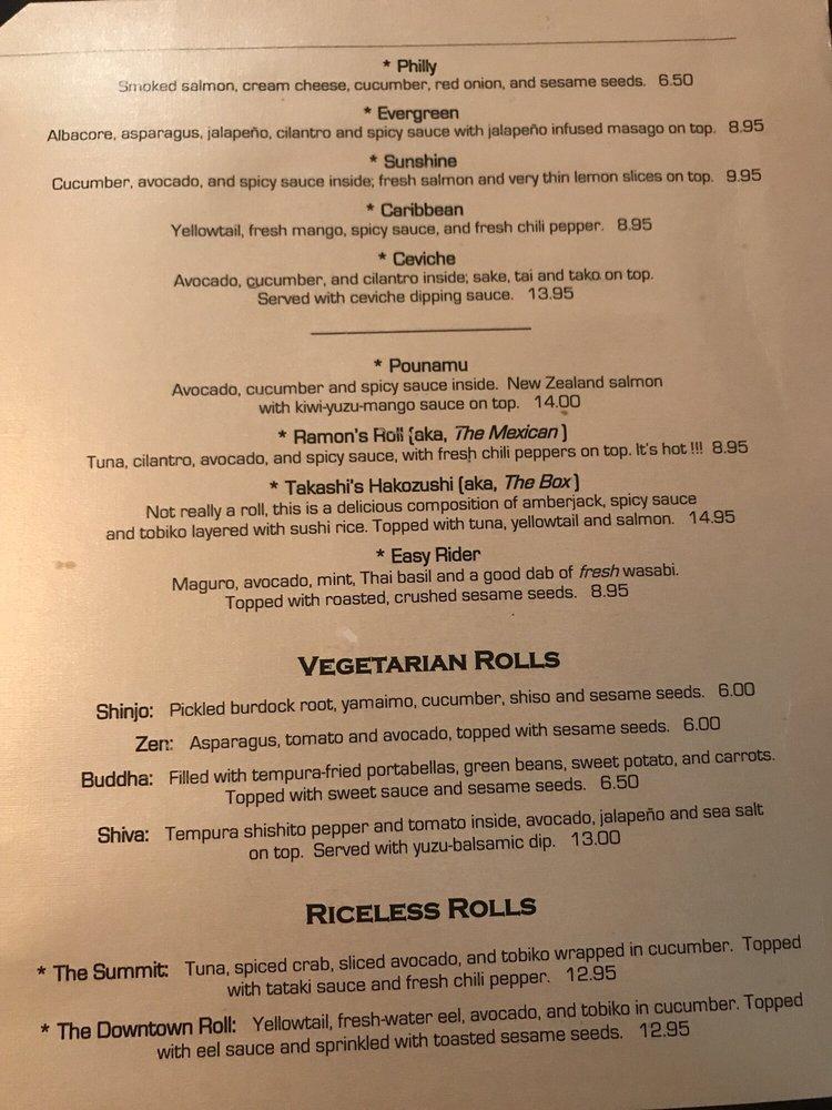 Menu at Takashi restaurant, Salt Lake City