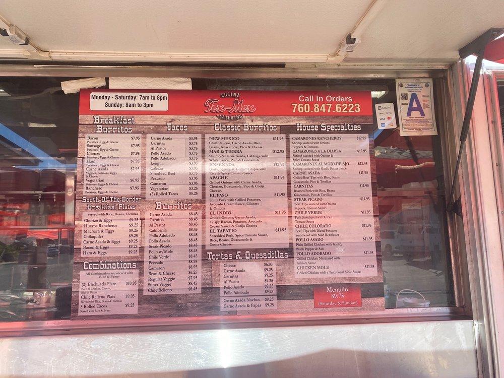 Menu at Tex Mex restaurant, Valley Center