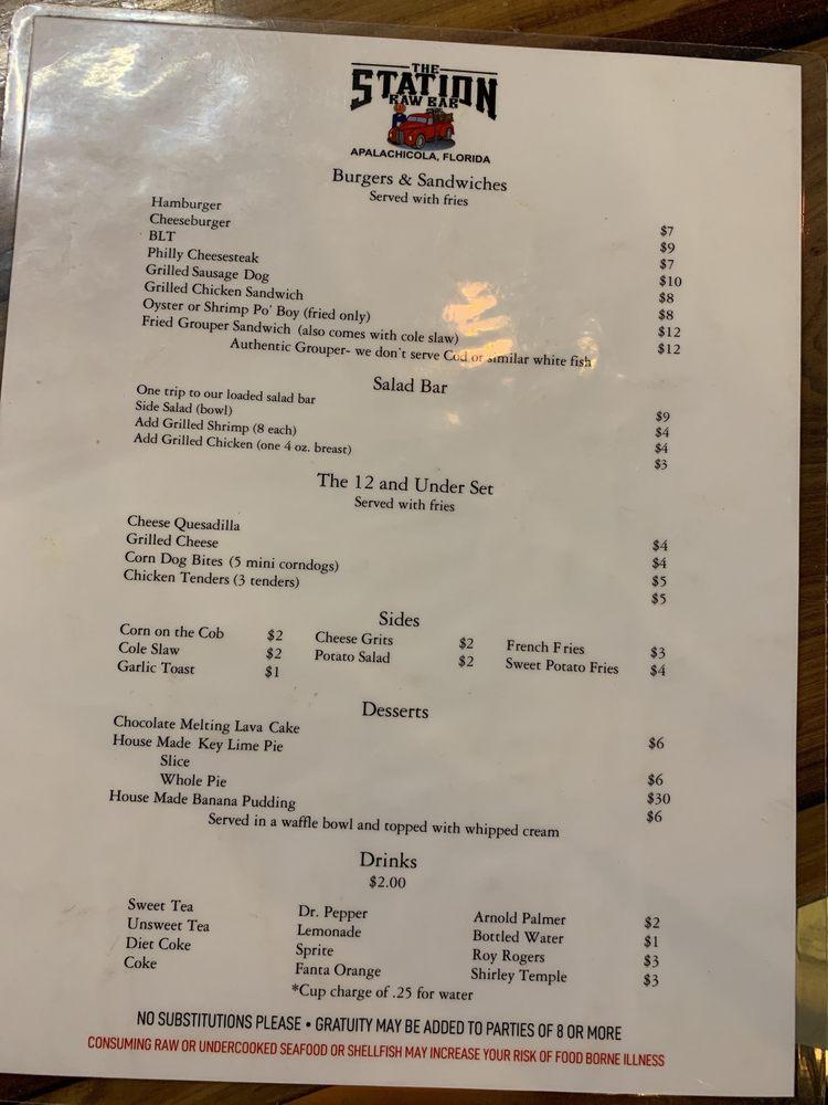 Menu at The Station Raw Bar & Liquor Store, Apalachicola