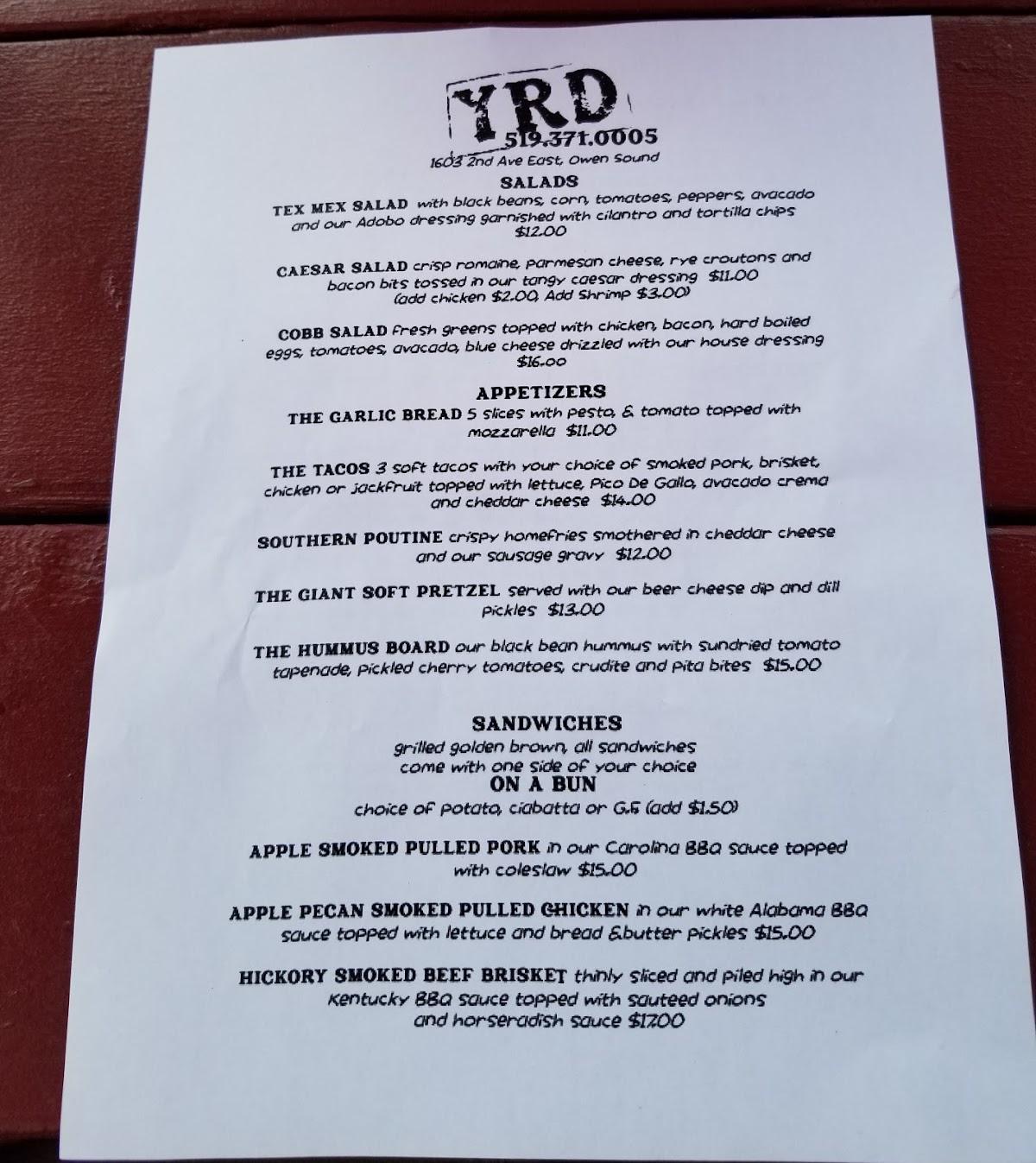 Menu at The Yard restaurant, Owen Sound