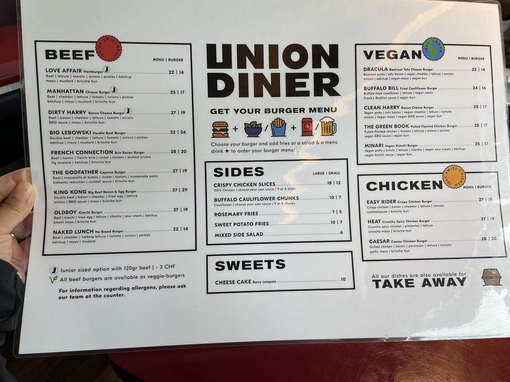 Menu at Union Diner Steinenvorstadt, Basel, Stänzlergasse 3