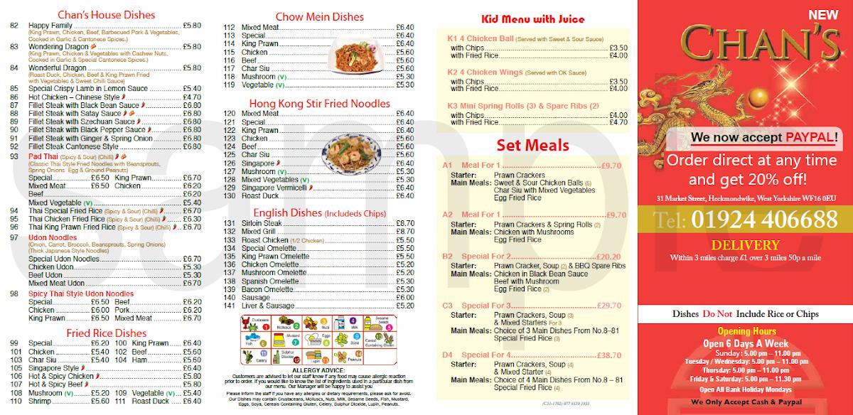 Menu at Chans Chinese Takeaway fast food, Heckmondwike