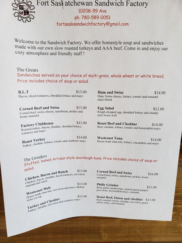 Menu at Fort Saskatchewan Sandwich Factory cafe, Fort Saskatchewan