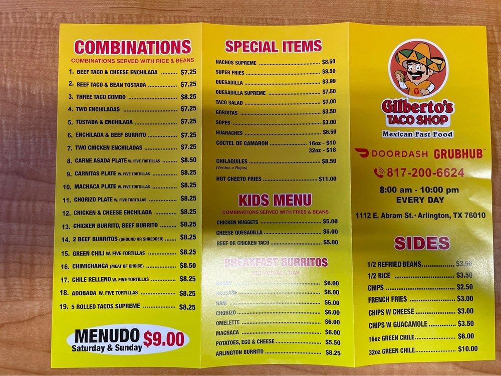 Menu at Gilberto's Taco Shop restaurant, Arlington