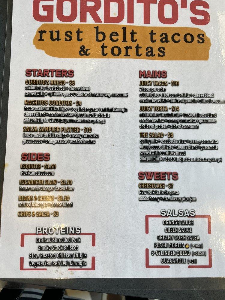 Menu at Gordito's Rust Belt Tacos & Tortas restaurant, Fishers