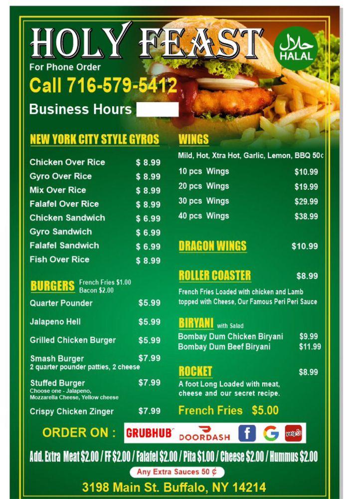 Menu at Holy Feast (Halal) restaurant, Buffalo, Main St