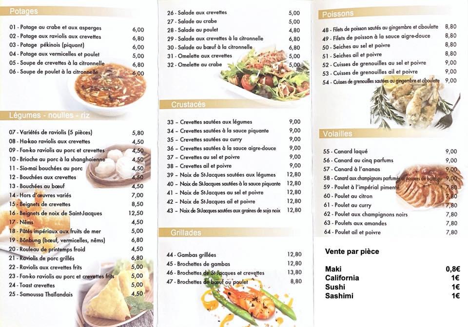 Menu au Le Palais de Pékin restaurant, Avallon