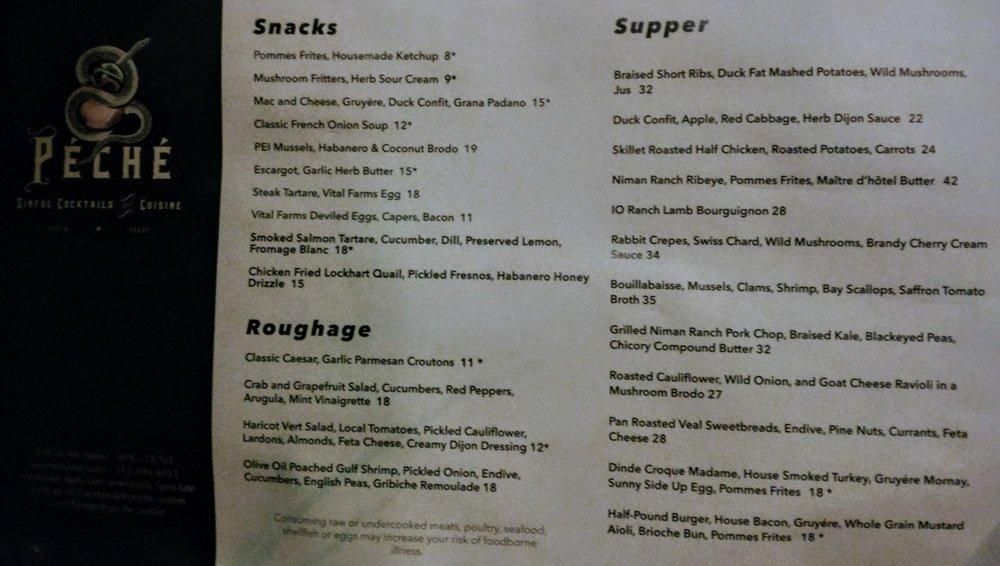 Menu at Péché pub & bar, Austin