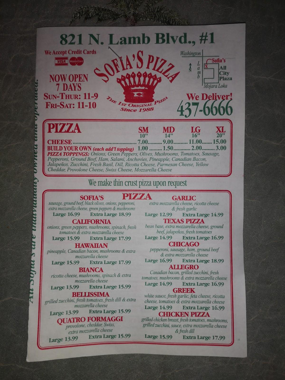 Menu at Sofia's Pizza pizzeria, Las Vegas, 821 N Lamb Blvd #1