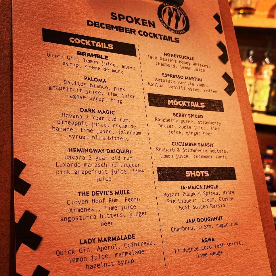 Menu at Spoken restaurant, Exmouth, 43 Strand