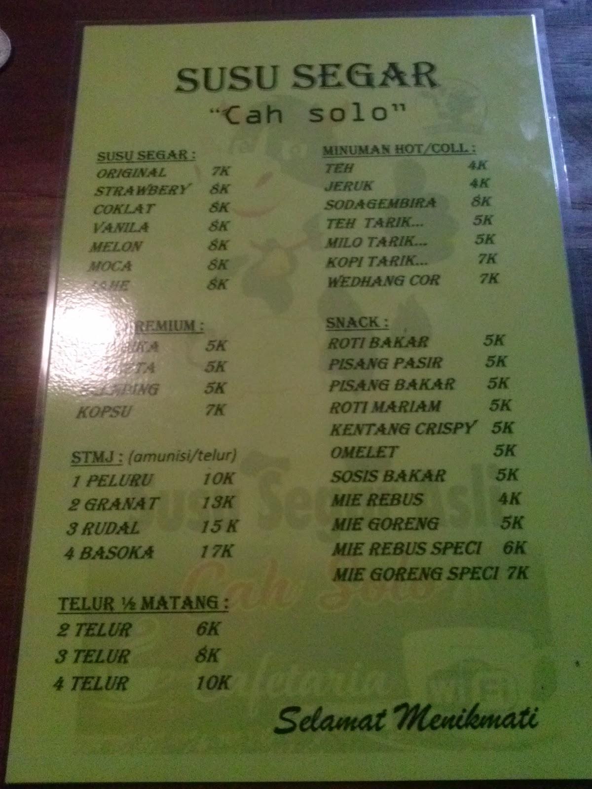 Menu at Susu Segar Cah Solo cafe, Jember, Jl. Brawijaya