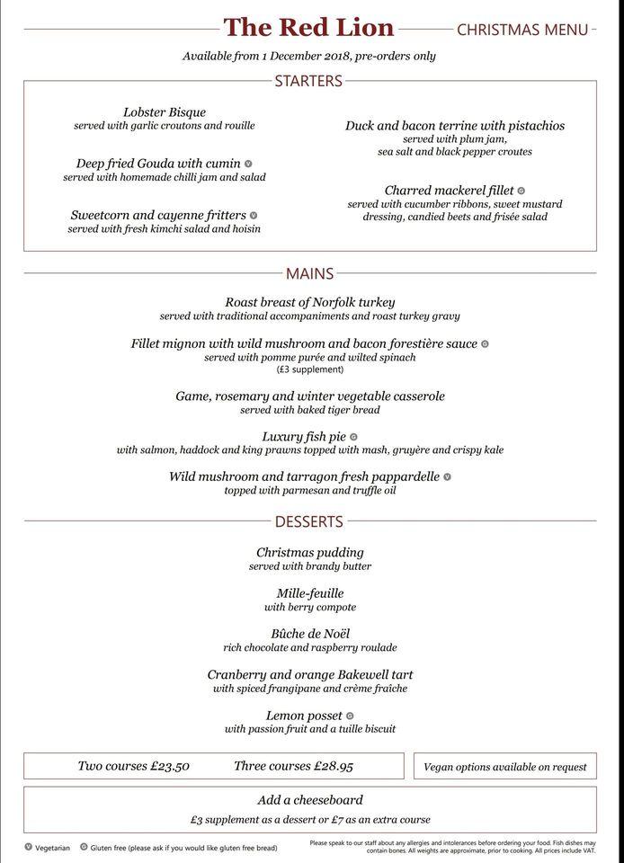 Menu at RED Lion pub & bar, Guildford