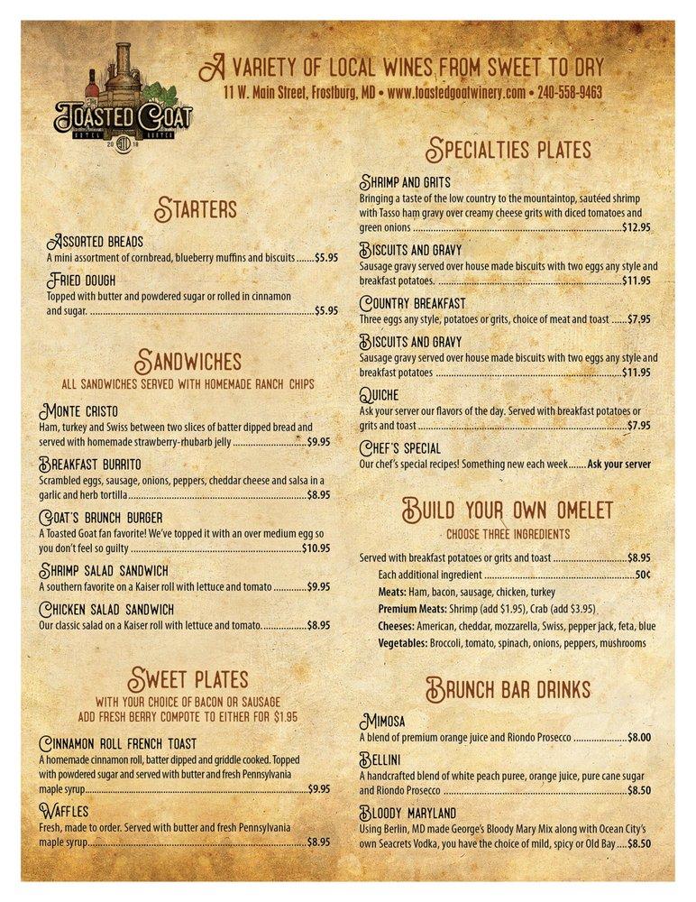 Menu at The Toasted Goat restaurant, Frostburg