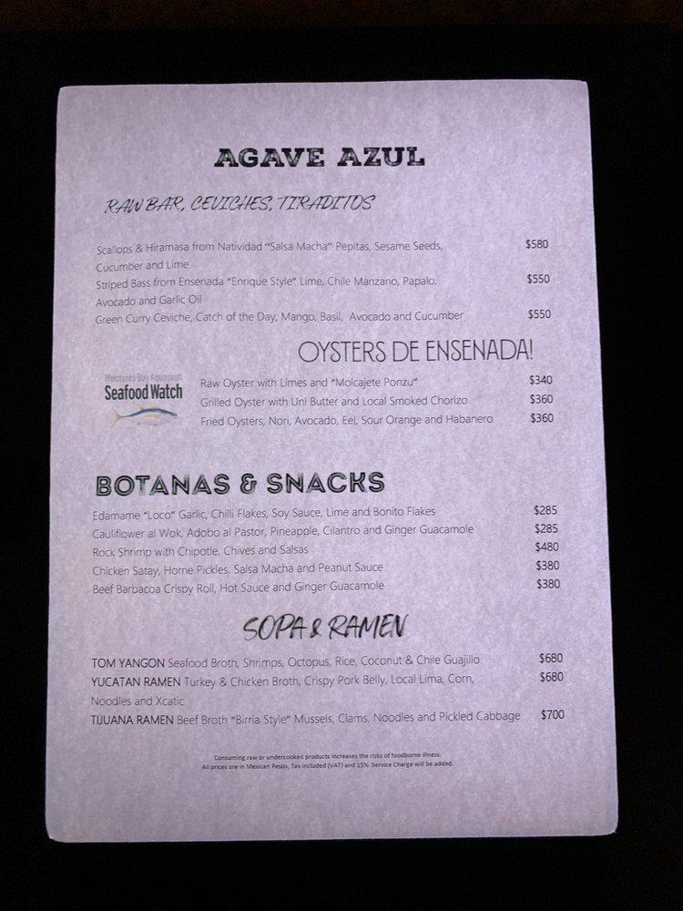 Menu at Agave Azul restaurant, Playa del Carmen