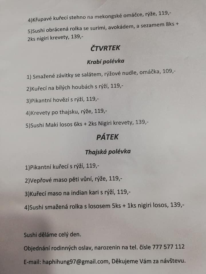 Menu at CÔDÔ Masarykova restaurant, Olomouc