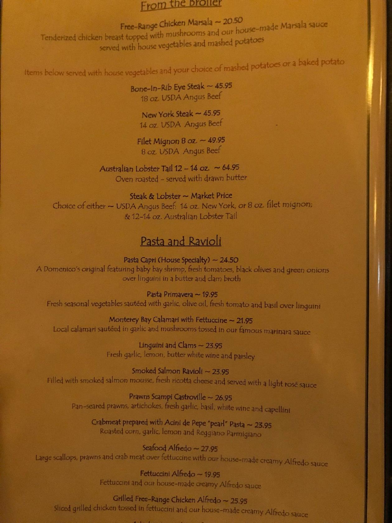 Menu at Domenico's on the Wharf restaurant, Monterey