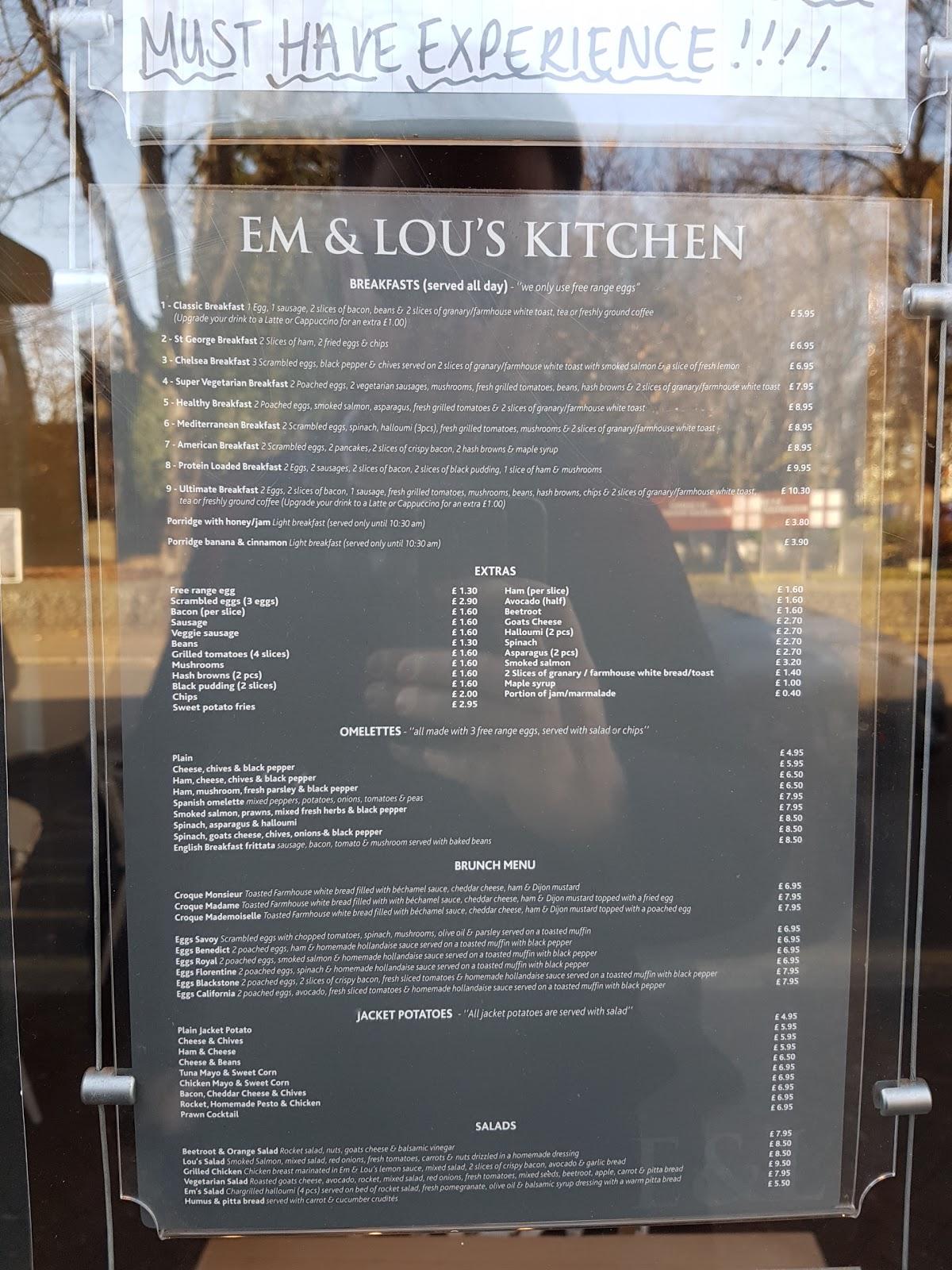 Menu at Em’s Kitchen restaurant, Beckenham