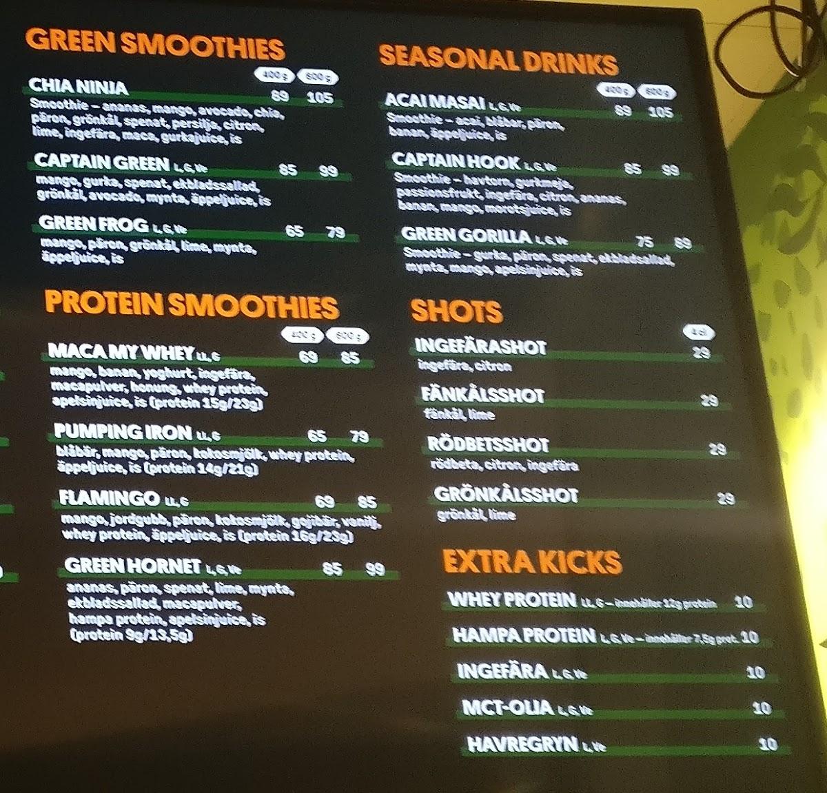 Menu at Jungle Juice Bar, Stockholm, Nybohovsbacken 38