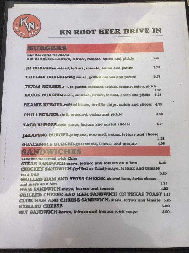 Menu at K N Root Beer Drive In fast food, Graham