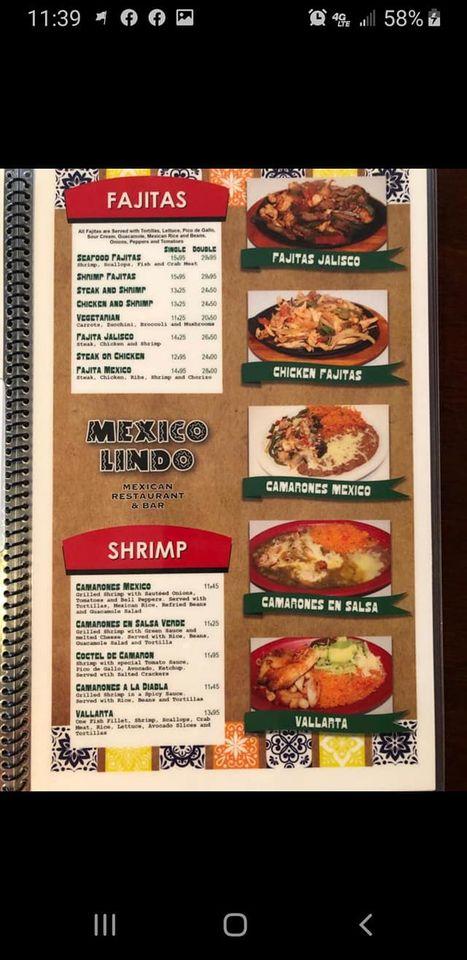 Menu at Mexico Lindo restaurant, Marshall