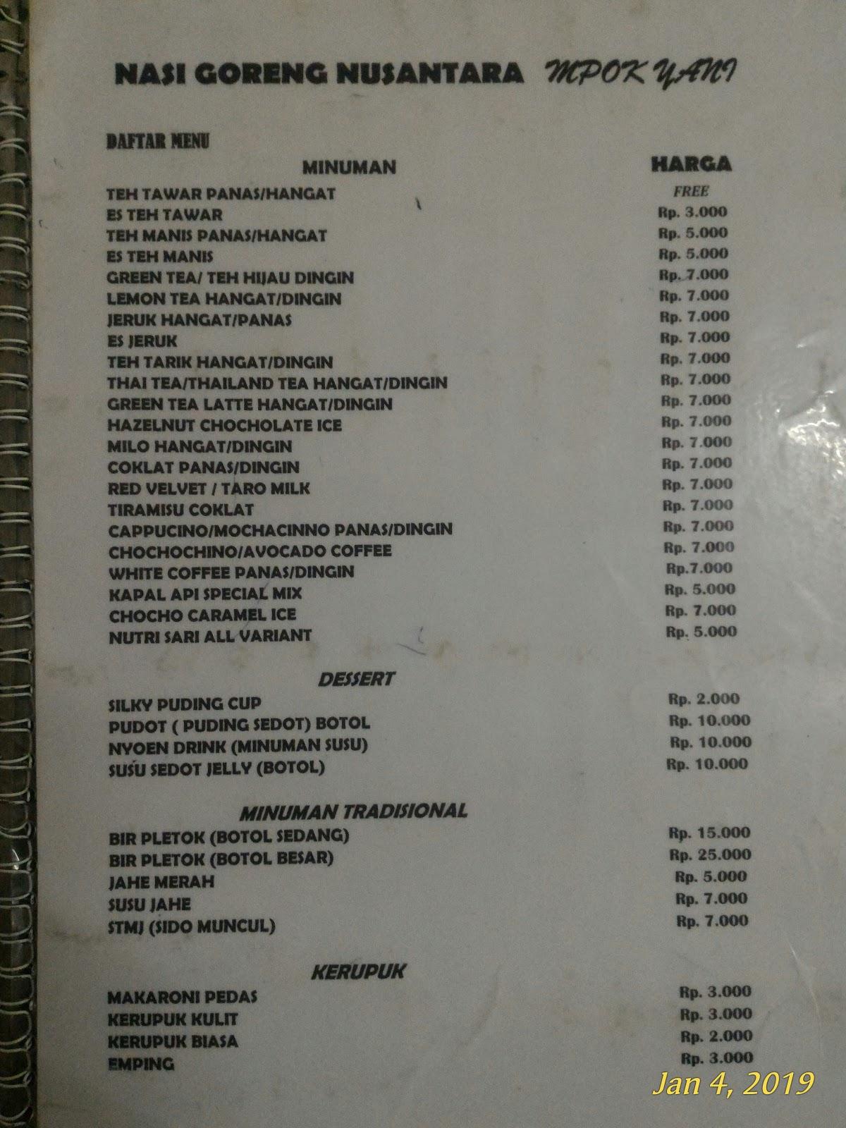 Menu at Nasi Goreng Nusantara Mpok Yani Rempoa restaurant, South Tangerang