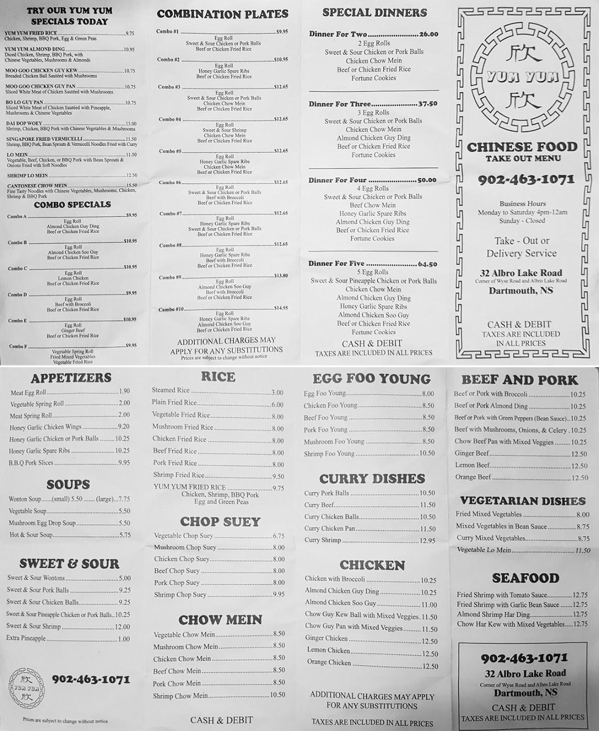 Menu at Yum yum Chinese restaurant, Dartmouth