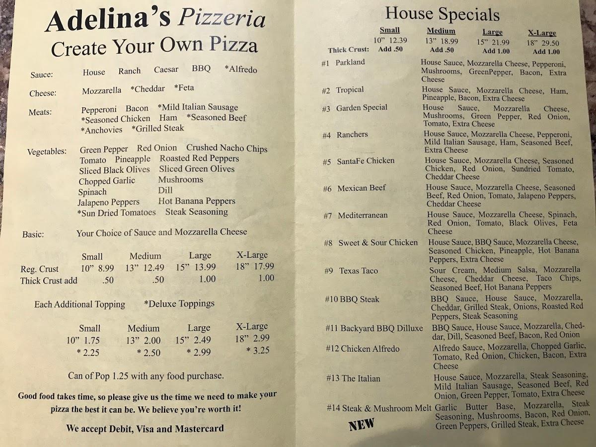 Carta de Adelina's Pizzeria, Dauphin