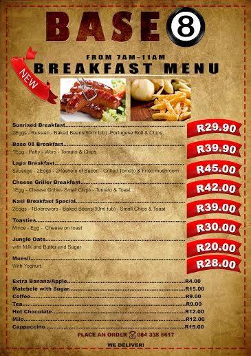 Menu at BASE 8 restaurant, Polokwane, 448/ 3 Seshego