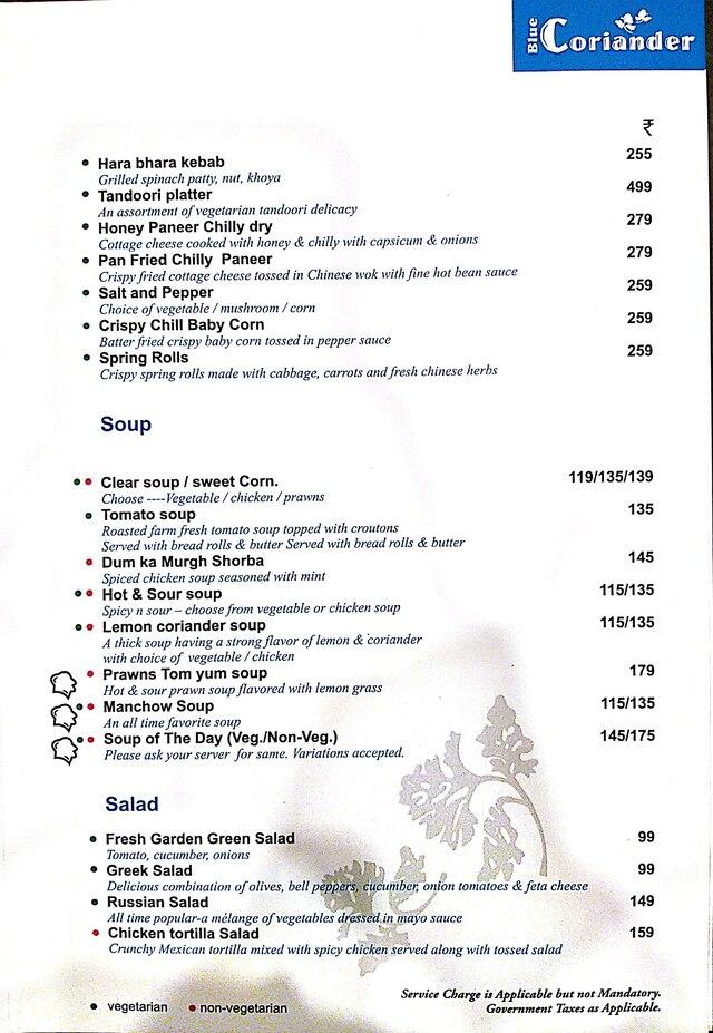 Menu at Blue Coriander, Surat, Belgium Square