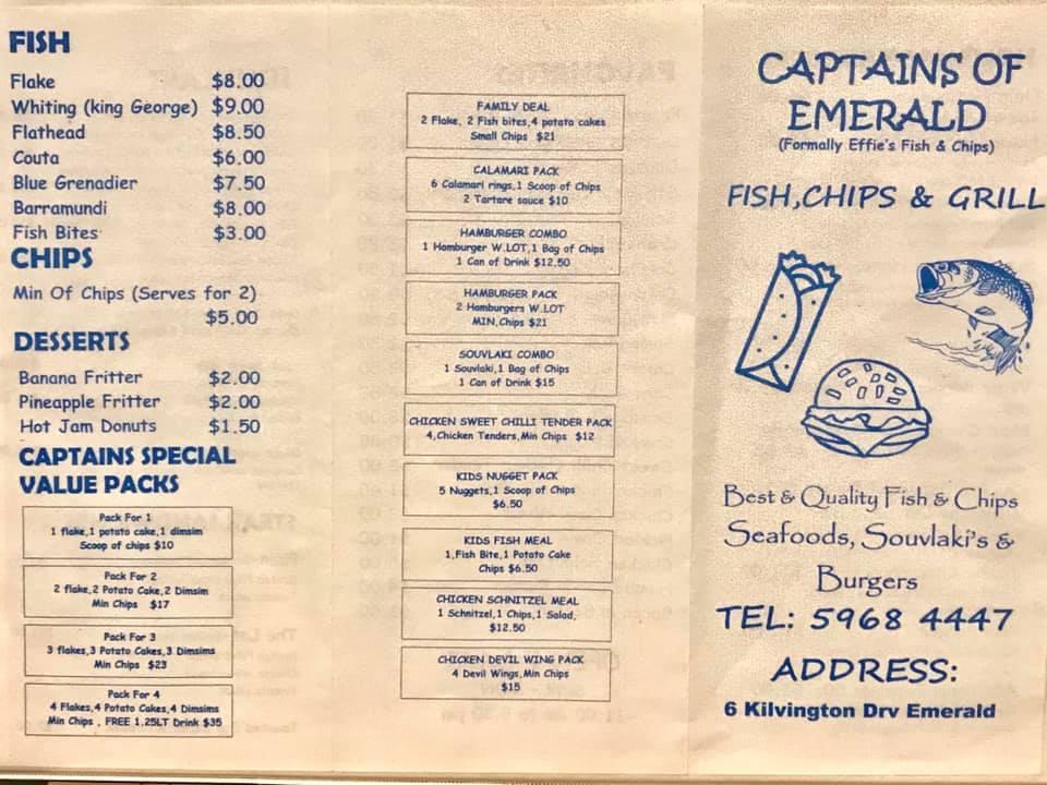 Menu at Captains of Emerald restaurant, Emerald