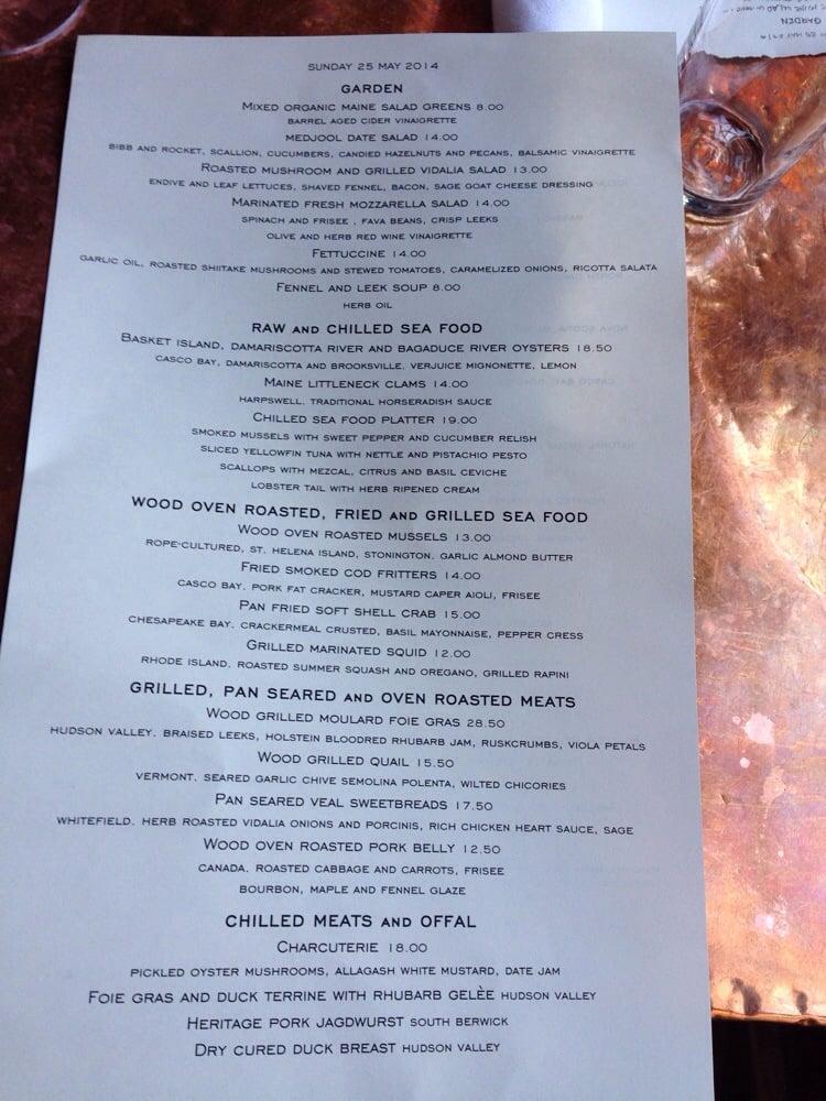 Menu at Fore Street Restaurant, Portland