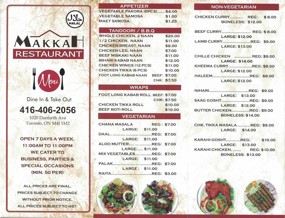 Menu at Makkah Restaurant, Toronto, 1020 Danforth Ave