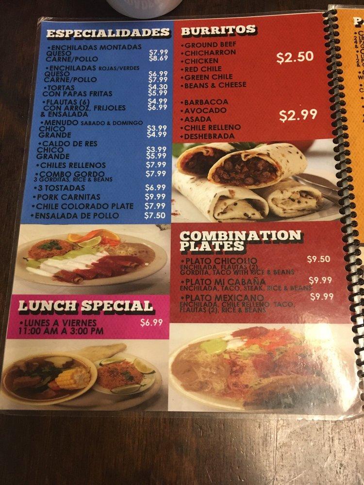 Menu at Mi Cabaña restaurant, Socorro, 657 Horizon Blvd