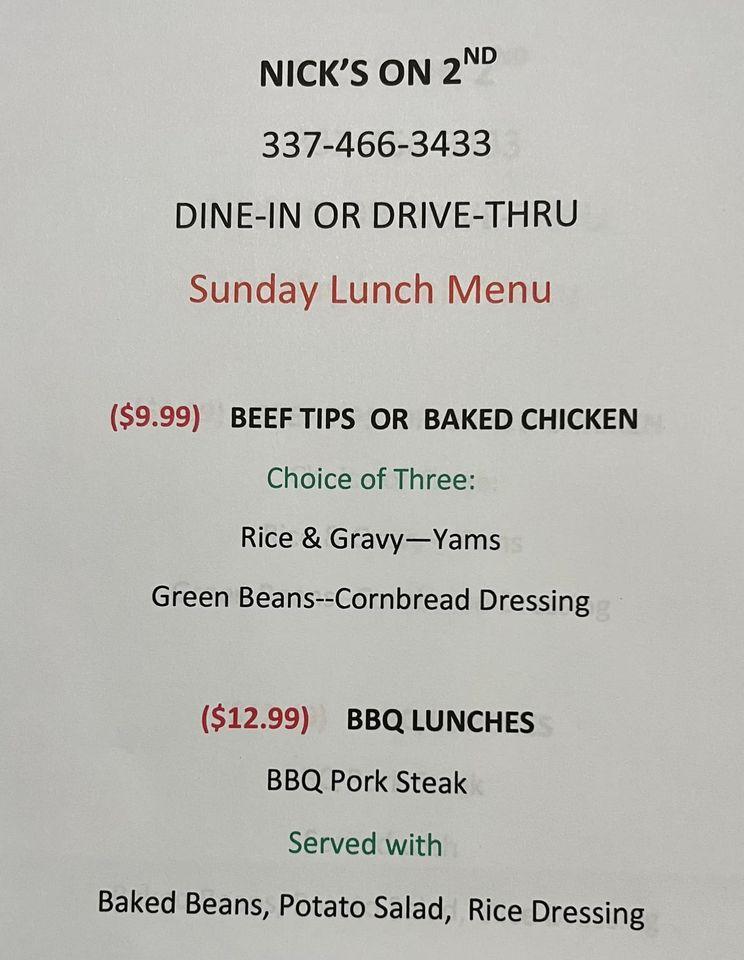 Menu at Nick's on 2nd restaurant, Eunice